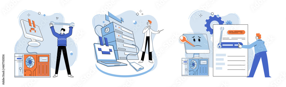 Computer troubleshooting. Vector illustration. Repairing computers ... Computer troubleshooting. Vector illustration. Repairing computers ...