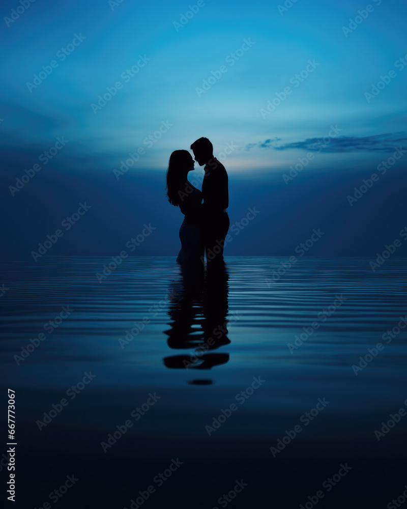 Midnight Serenade: A Romantic Couple's Moonlit Bath, silhouette of a ...