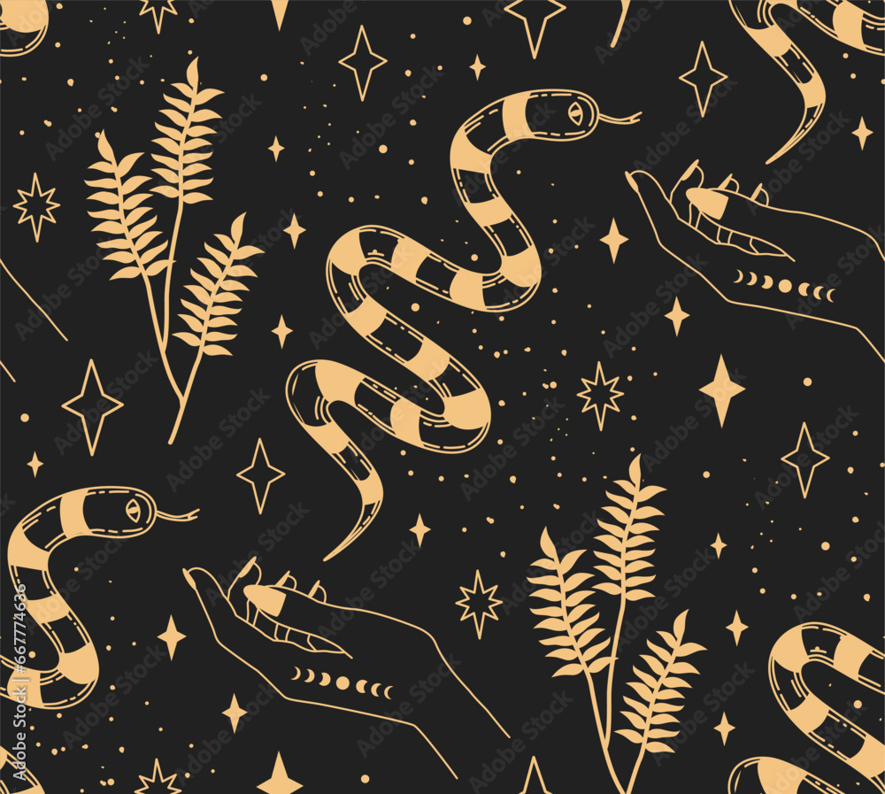 Magical pattern with a snake. Illustration for textiles. Seamless ...