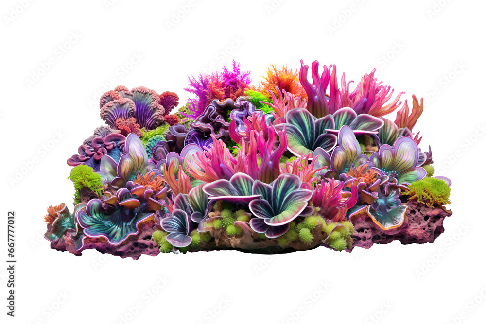 colorful deep ocean coral reefs and algae mosses, isolated on a ...