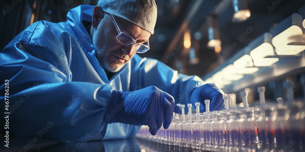 researcher in laboratory room do testing and checking liquid in glass ...