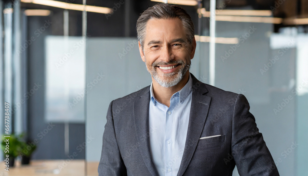 Happy mid aged older business man executive standing in office. Smiling 50 year old mature ...