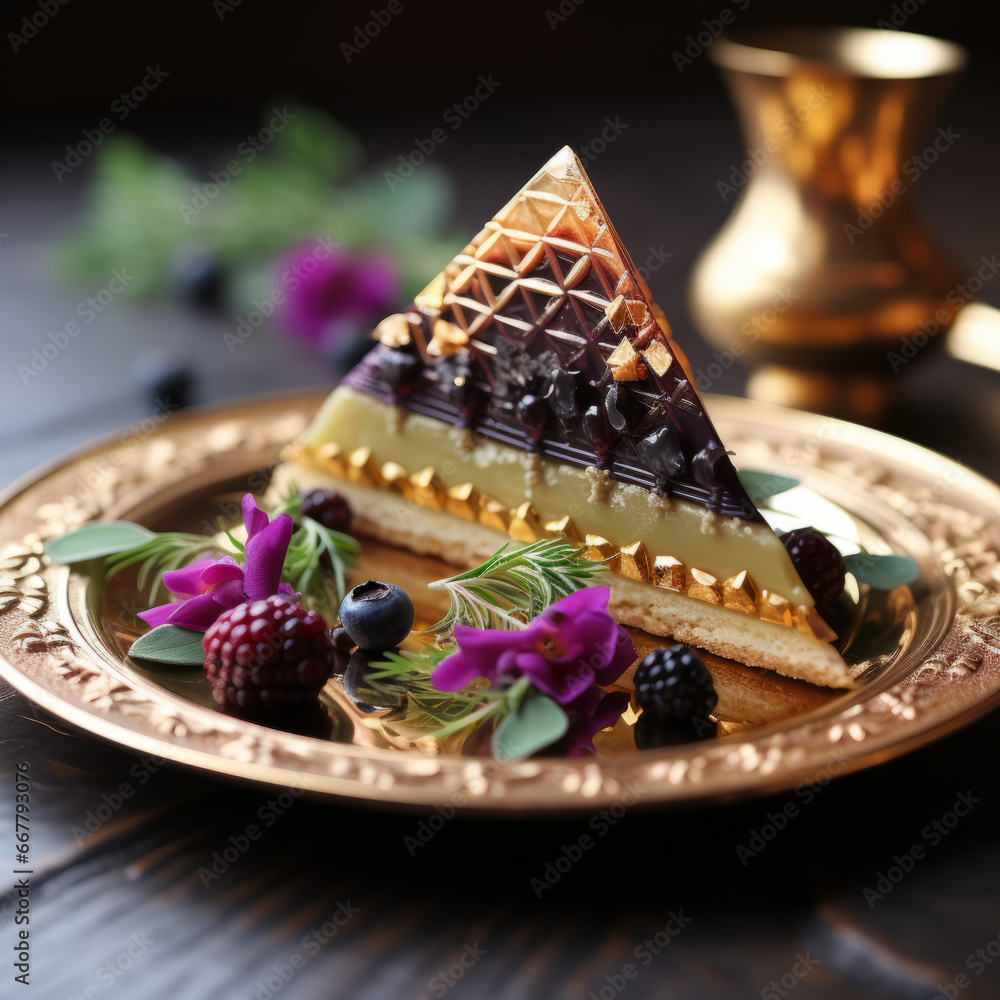 Luxury pyramid-shaped cake slice, berry garnish, gold plate, gourmet ...