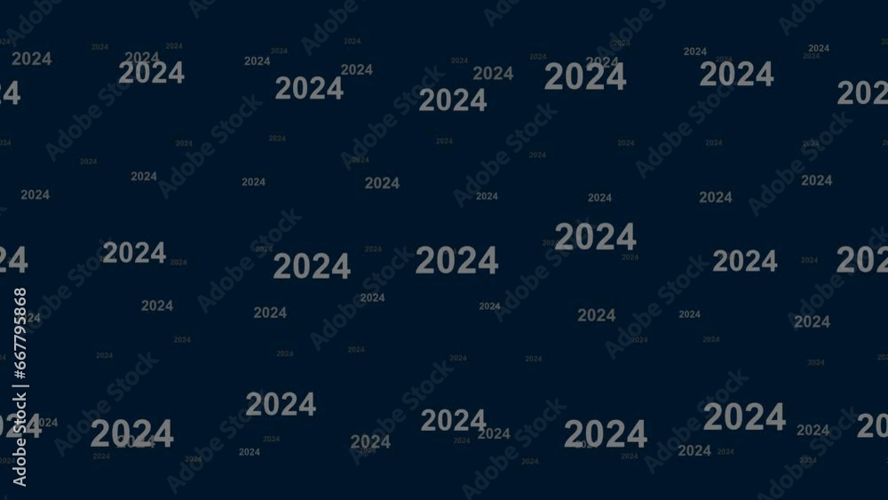 2024 year symbols float horizontally from left to right. Parallax fly ...