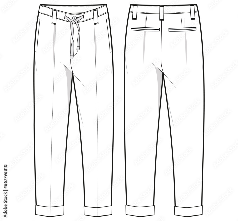 Men's Casual chino trouser pant front and back view flat sketch fashion ...