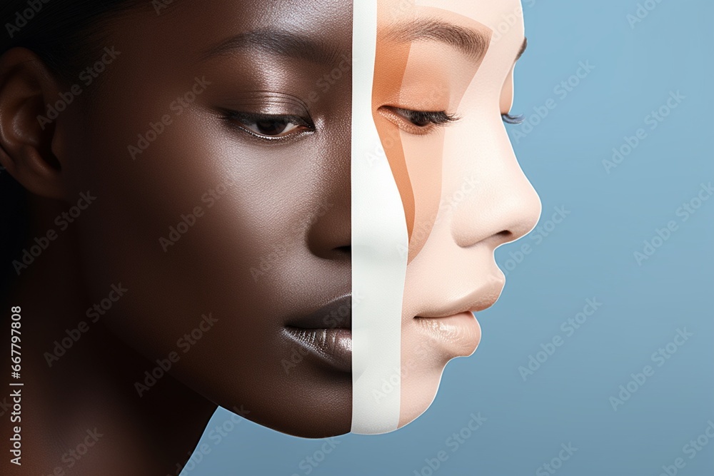 A woman's face divided into two parts, showing indifference to skin ...