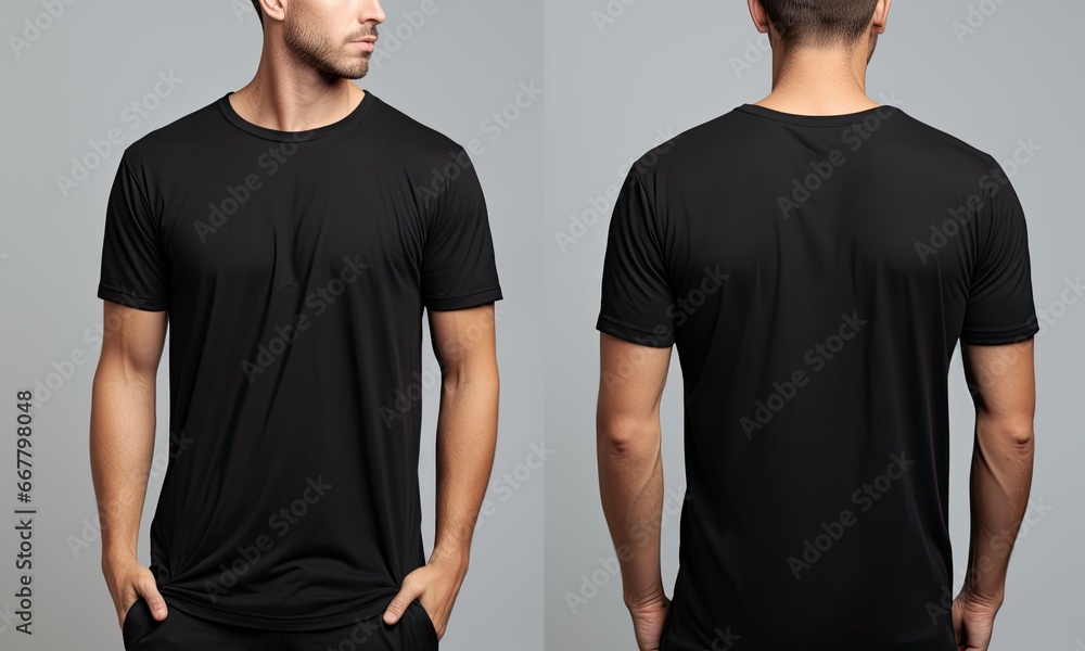 Front and back view of man in blank black t shirt isolated on grey ...