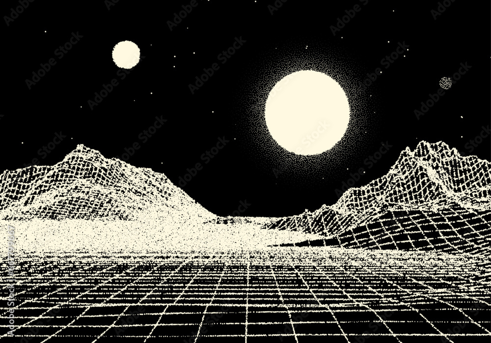 Retro dotwork landscape with 80s styled sun, grid mountains and stars ...