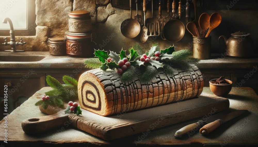 French bûche de Noël, a traditional yule log cake, placed on a vintage ...
