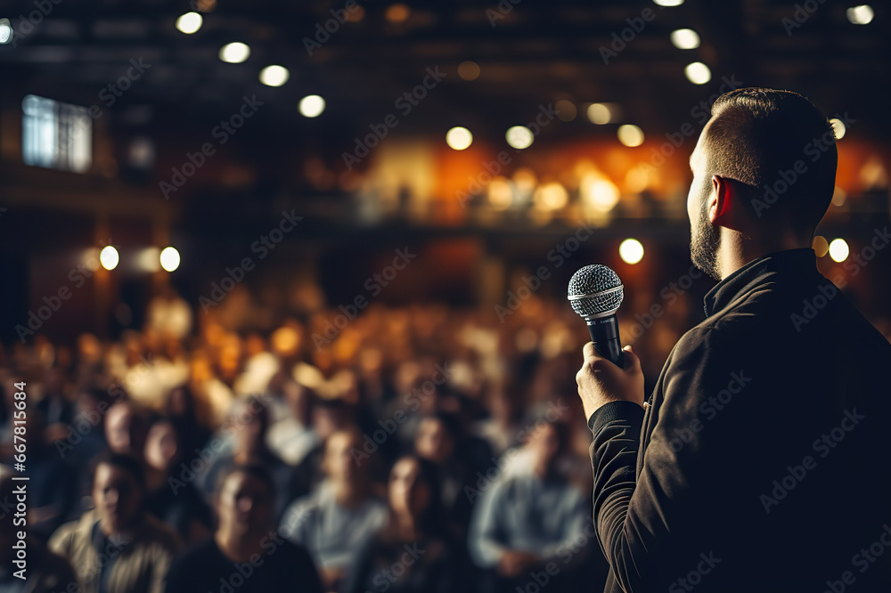 Empowering Speech Speaker Man Holds Microphone, Addressing an Engaged ...