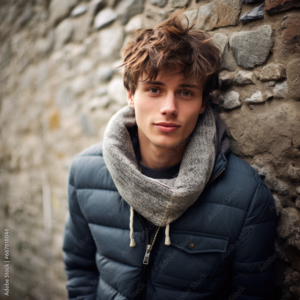 jeune garçon brun cheveux court souriant pris en photo dans la rue en ...