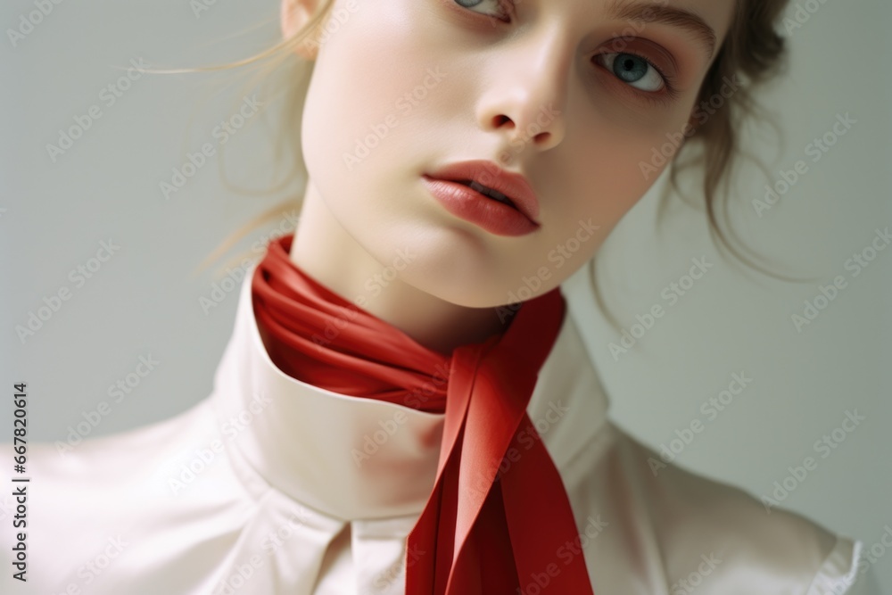 A Striking Image Of A Beautiful Female Neck Adorned With A Narrow Red Ribbon Tied In A Bow