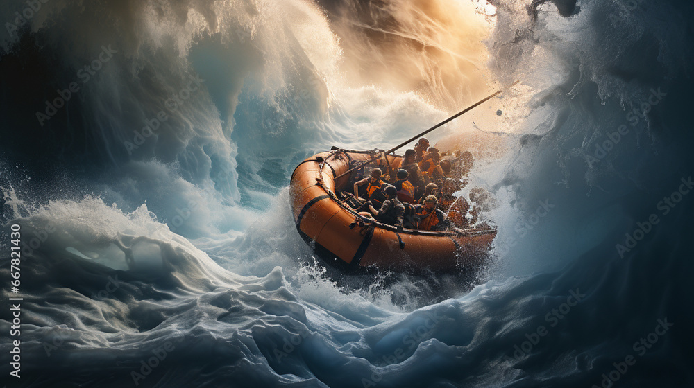 A dynamic image of a raft surfing a large wave, with water splashing ...