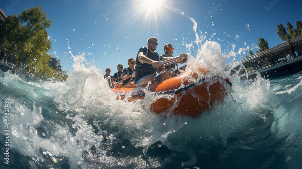 A dynamic image of a raft surfing a large wave, with water splashing ...