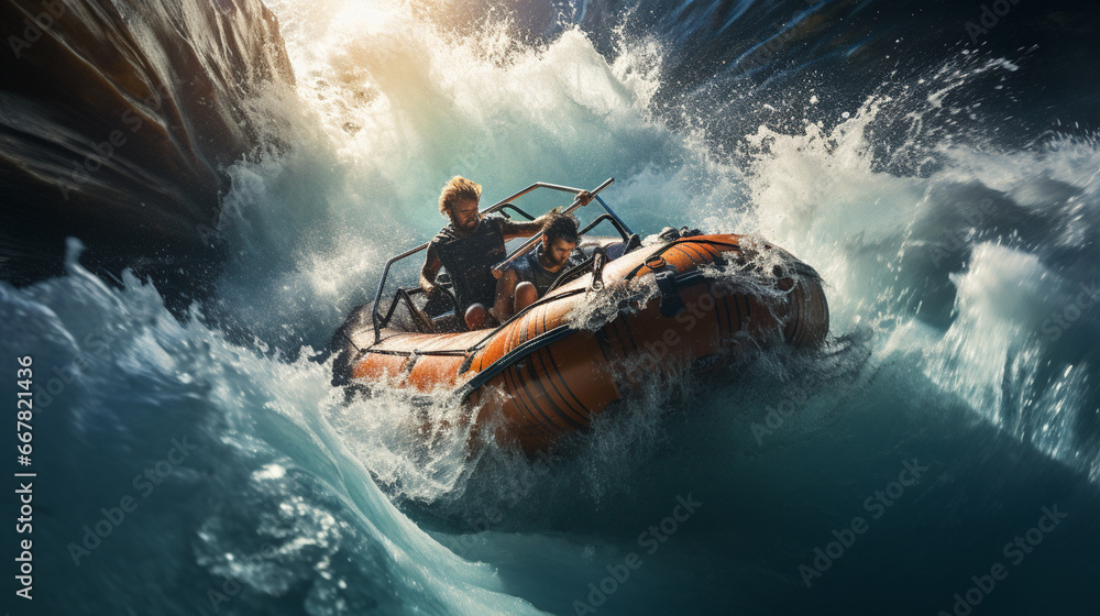 A dynamic image of a raft surfing a large wave, with water splashing ...