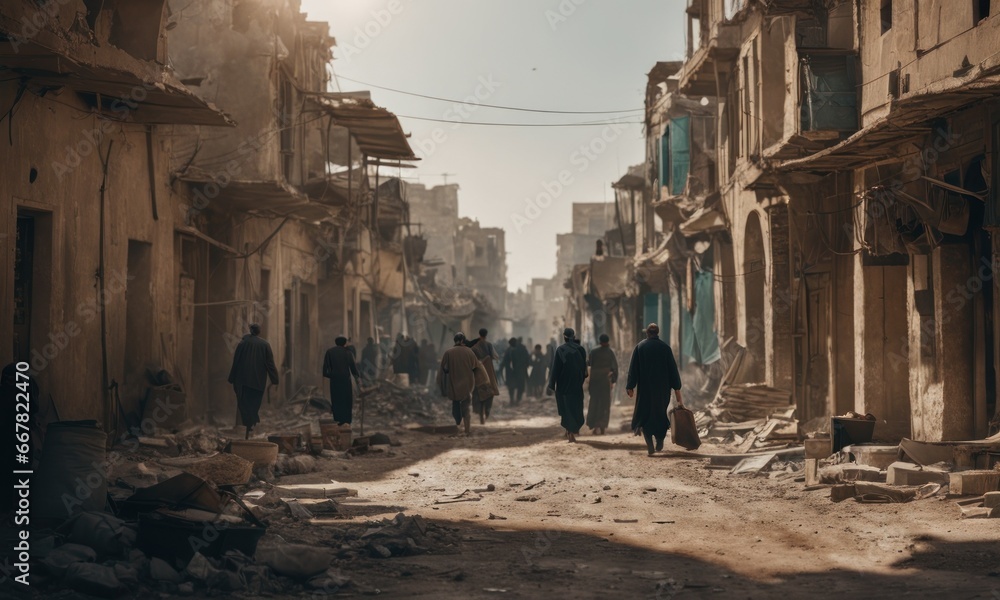 Refugees, view from back, looking at damaged homes. Homeless people ...