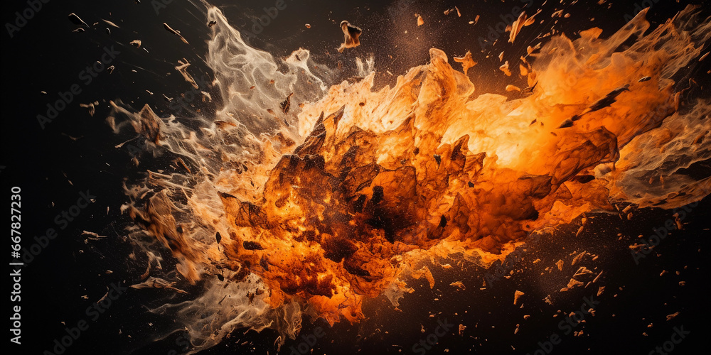Fiery explosion mid - air, hyper - realistic, debris flying, intense ...