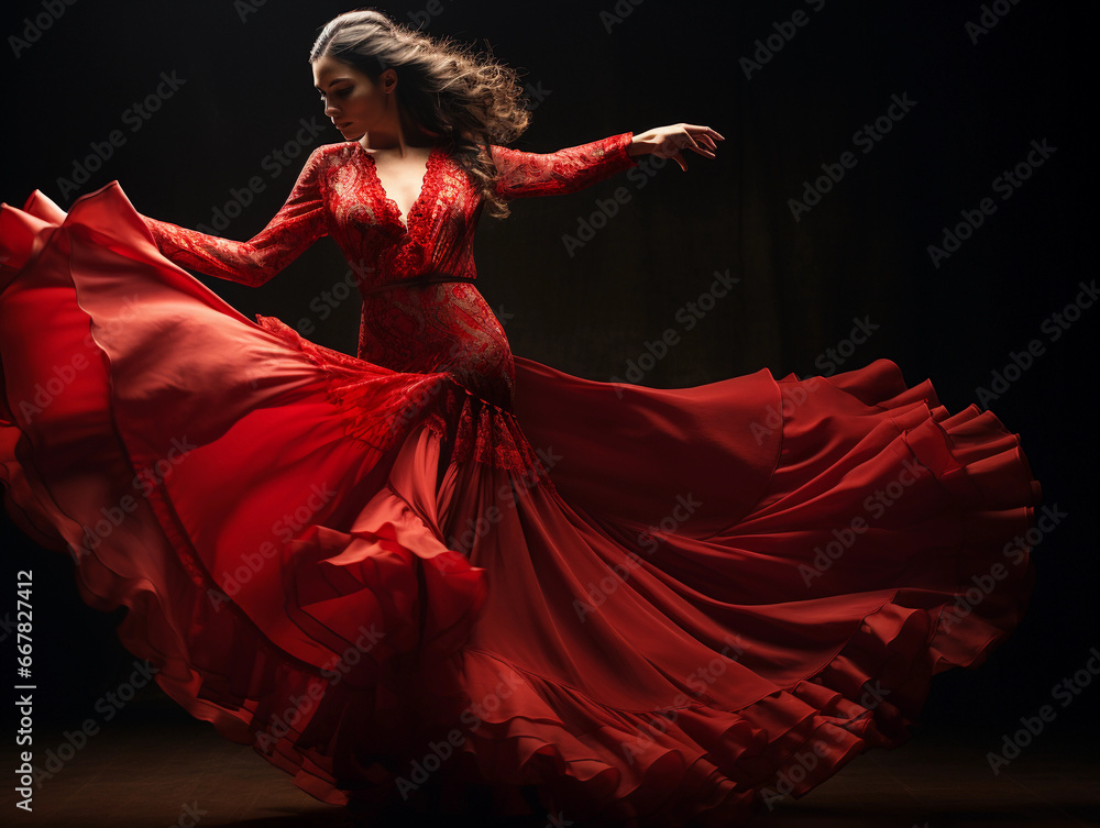Flamenco dancer, red flowing dress, intense emotion, wooden stage, foot ...