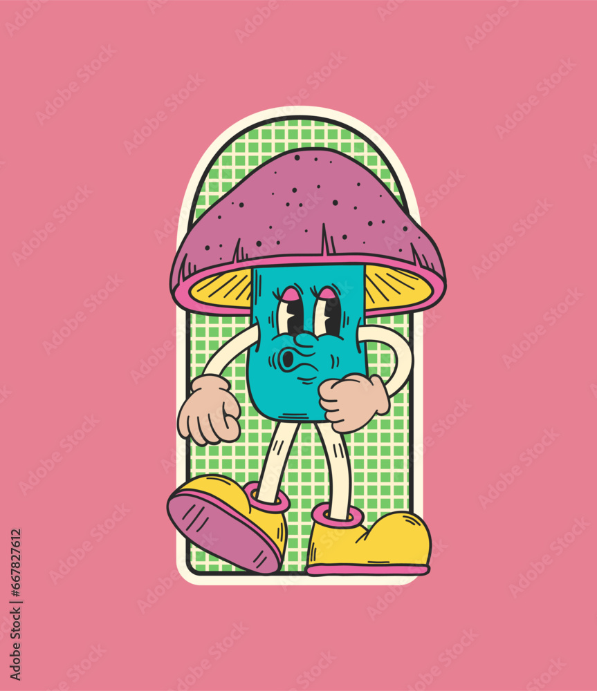 Mushroom character. Retro cartoon character. Mushroom sticker. Hippie ...
