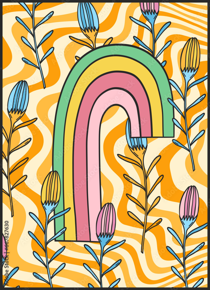 Groovy retro poster. Hippie style background. Groovy rainbow. 60s and ...