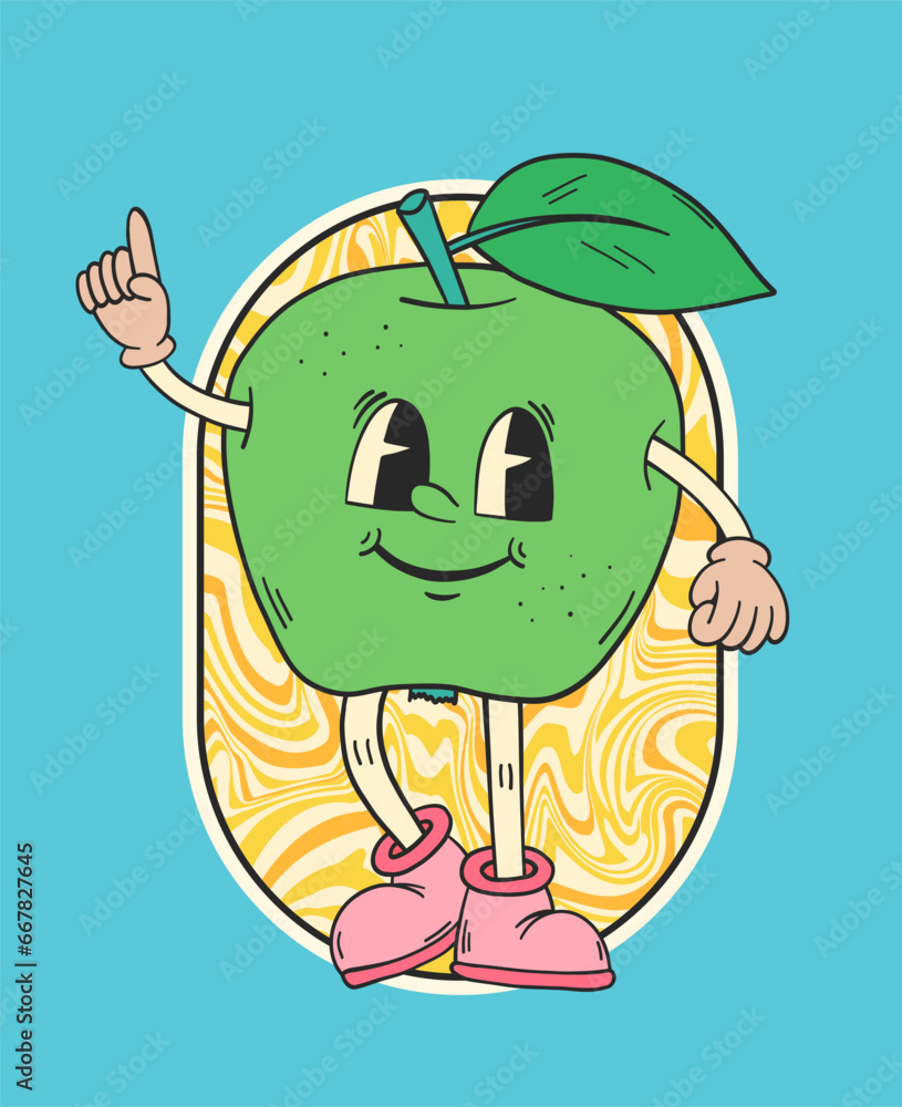 Apple character. Retro cartoon character. Apple sticker. Hippie patch ...