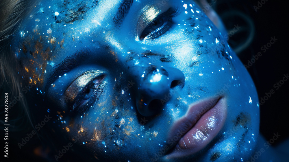 Surrealist portrait, face blending into swirling galaxies, cosmic ...