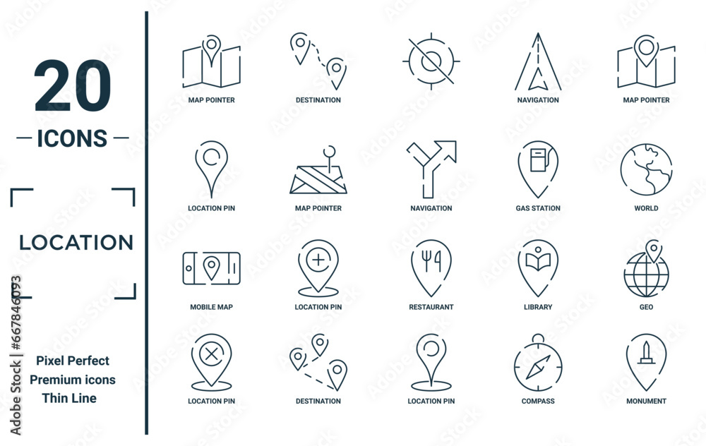 location linear icon set. includes thin line map pointer, location pin ...