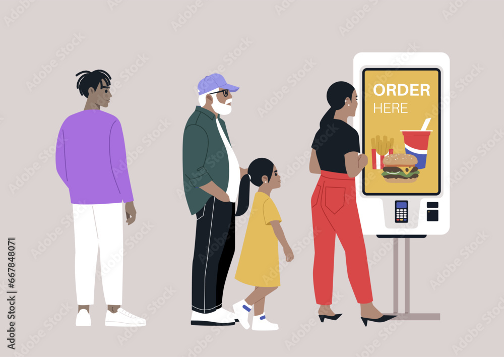 A diverse line of people waiting their turn to place their orders at a ...