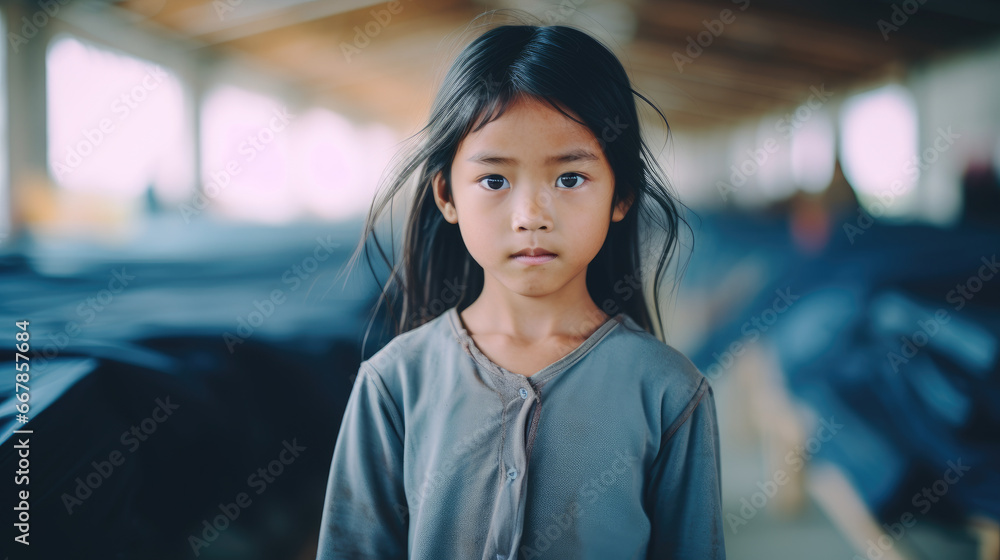 Small Asian girl in factory with blurred background, depicting illegal ...