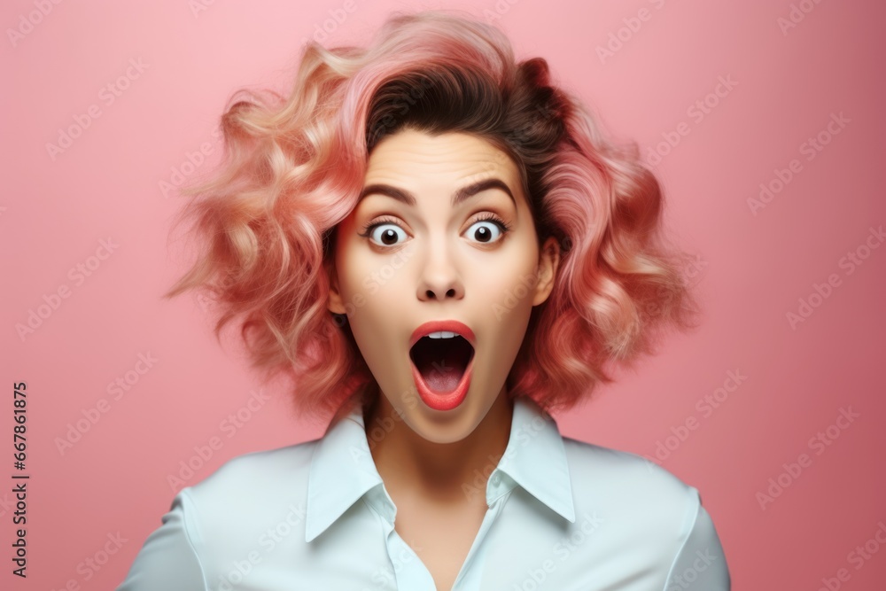 portrait of a young woman surprising expression isolated background ...