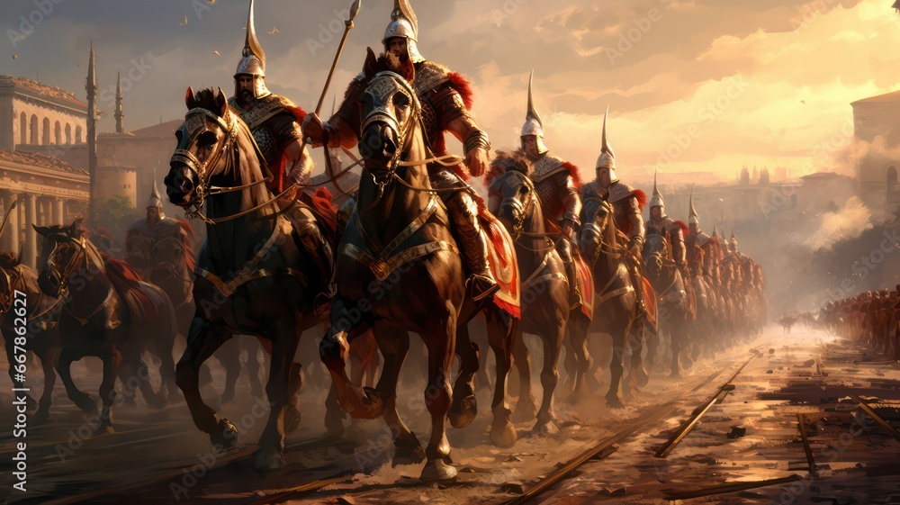 Historic roman army riding on horses created with Generative AI Stock ...