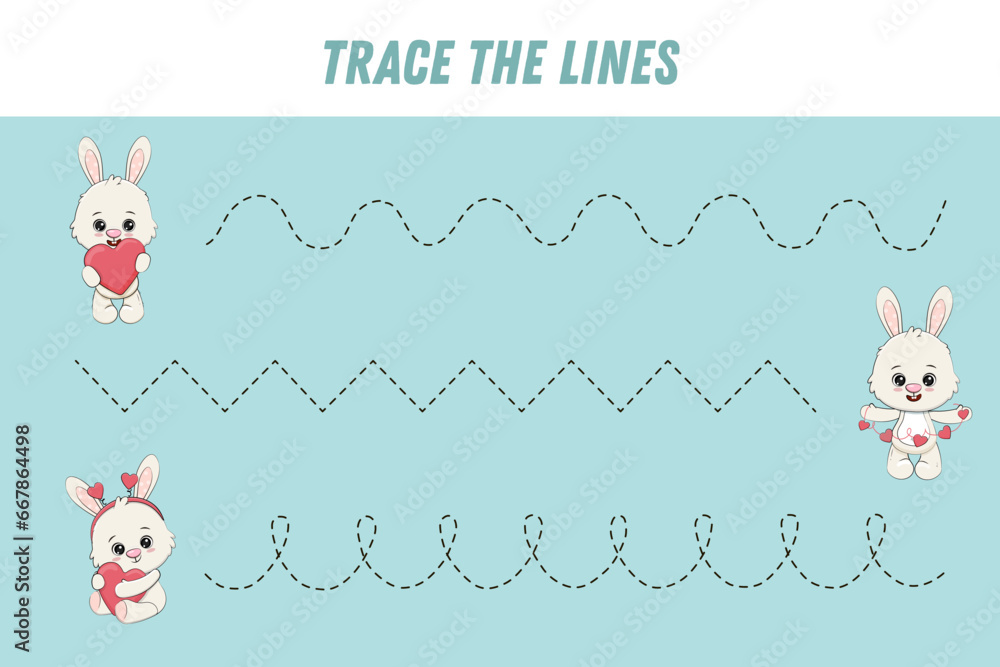 Tracing lines for kids. Cute cartoon white bunny with pink heart. Funny ...