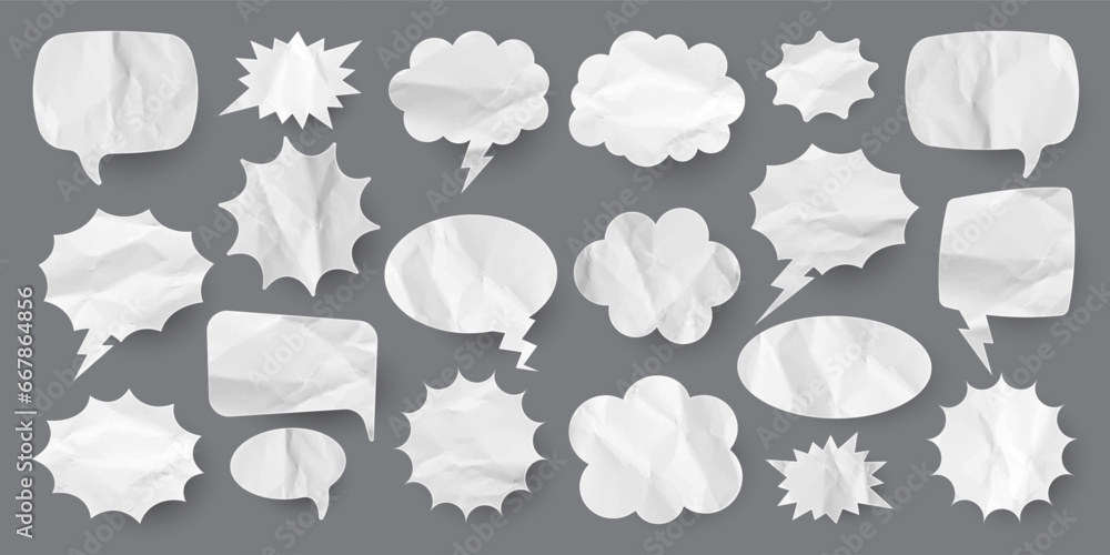 Crumpled paper comic speech bubbles. Hand drawn retro cartoon stickers ...