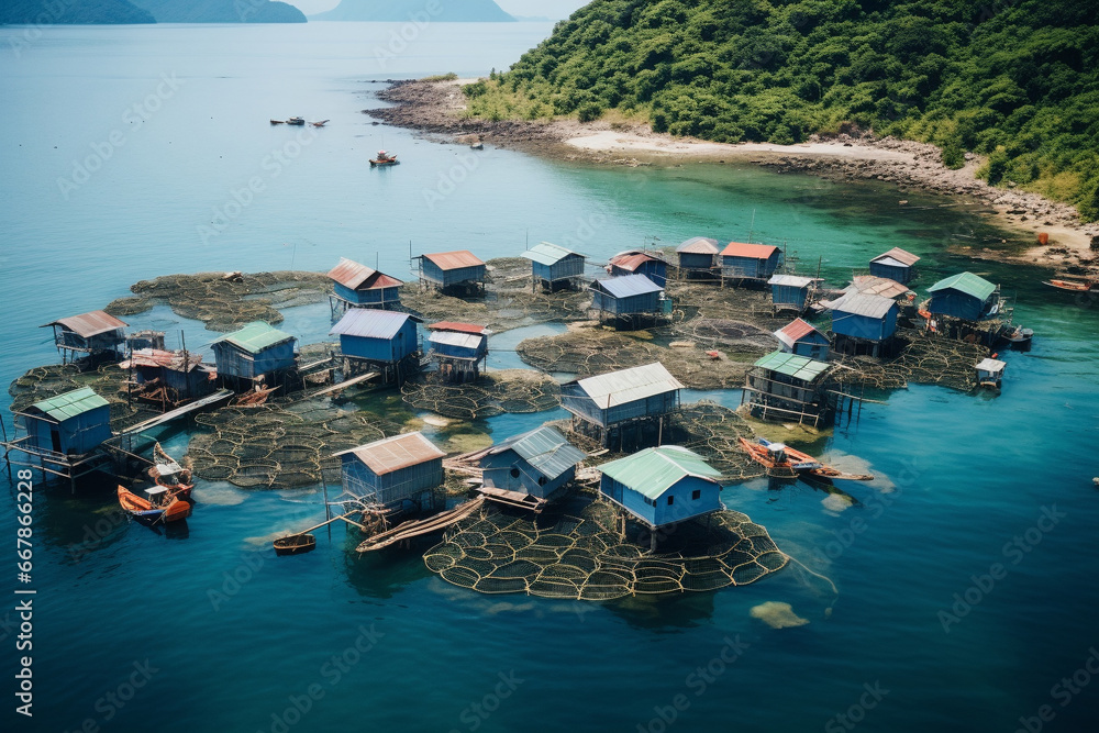 Farm for growing fish and seafood. Fishermen check their catch in their ...