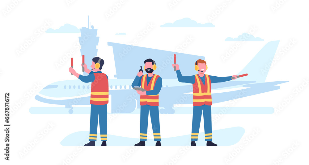 Air marshals in uniform with walkie-talkies. Employees in signal vests ...