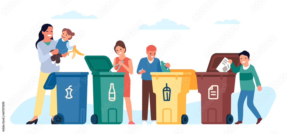 Children and parents learn to sort waste. People throw away garbage ...