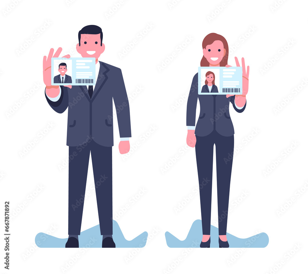 Man and woman in suits show their ID plastic card. Identity document ...