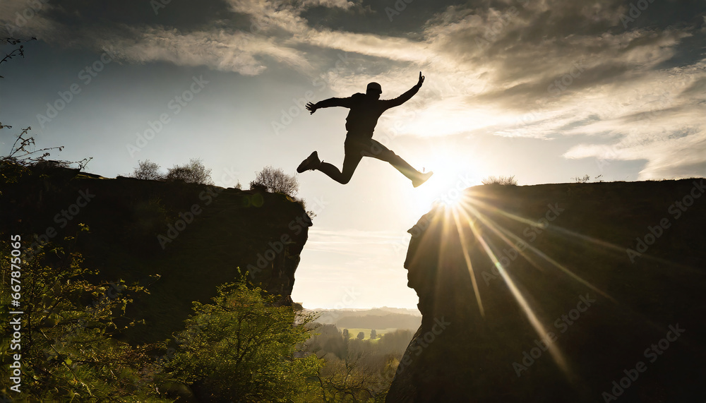 Black silhouettes in front of an orange sunset of a person jumping over ...