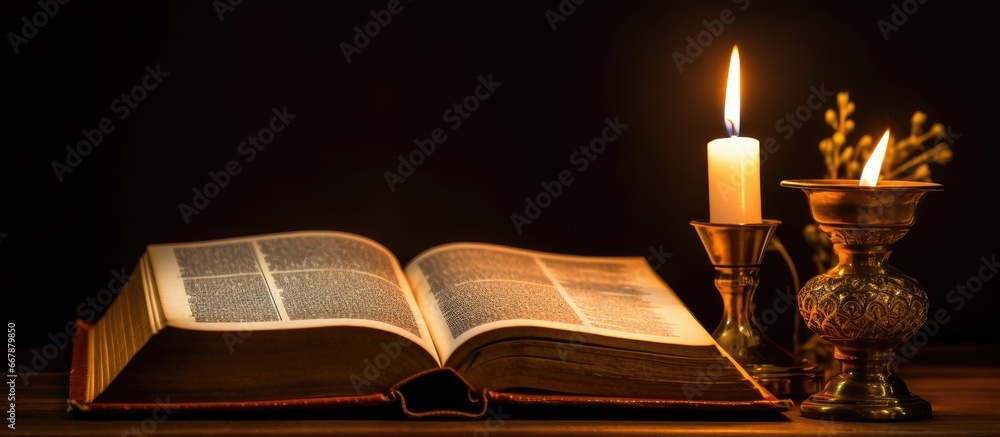 Table holds lit shabbat candles siddur Jewish customs 249 Stock Photo ...