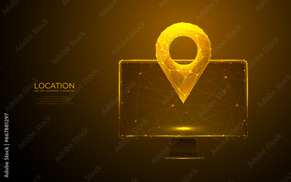 Abstract GPS pin on computer monitor screen. Digital location pin. Low ...