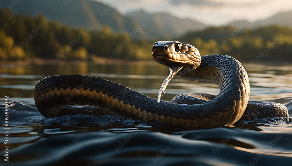 The fluid movements of the snake as it slithers through the water, its ...