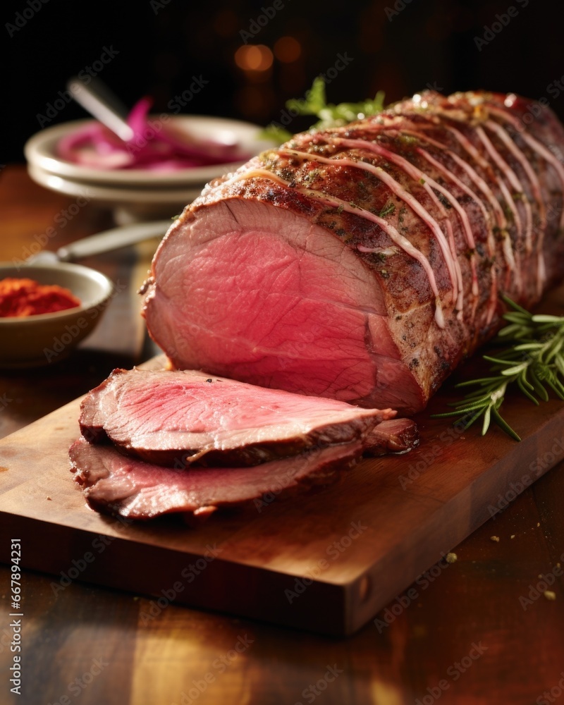 Captured from a unique perspective, a sliced prime rib roast showcases ...