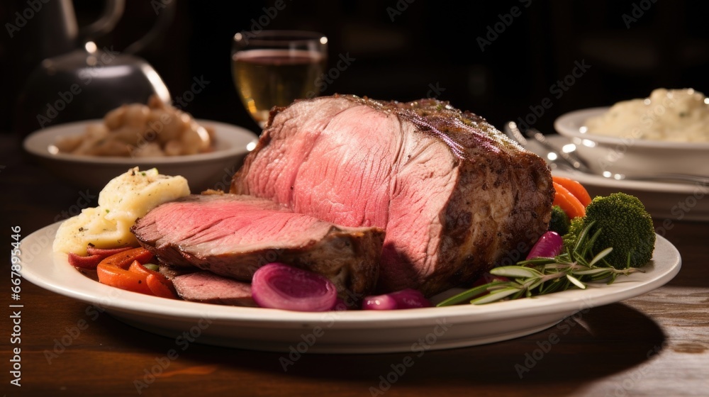A generous portion of prime rib roast sits proudly on a pristine white ...