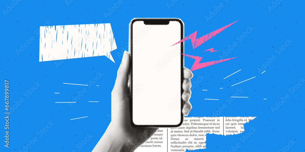 Hand holding a phone. Modern blue background with texture. Trendy retro ...