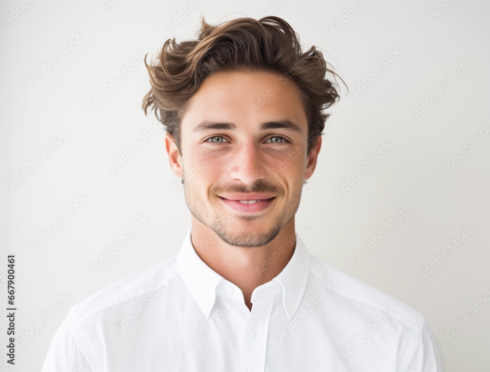 young man smiling for the camera in clean white shirt, exaggerated ...