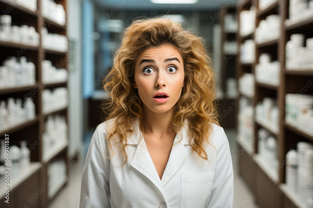 Pharmacist with open mouth, with shocked impressed emotional facial ...