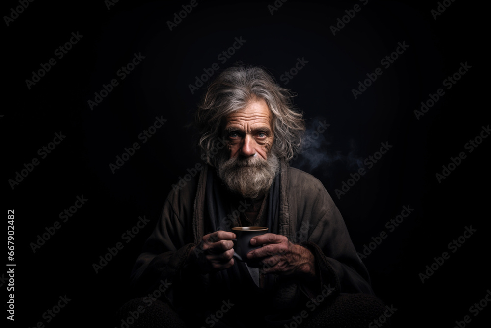 Portrait of homeless man drug addict and alcoholic depressed looking ...