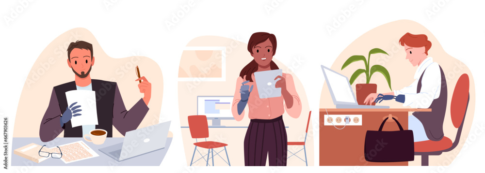 Cartoon side view of isolated workplace scene with man with hand ...