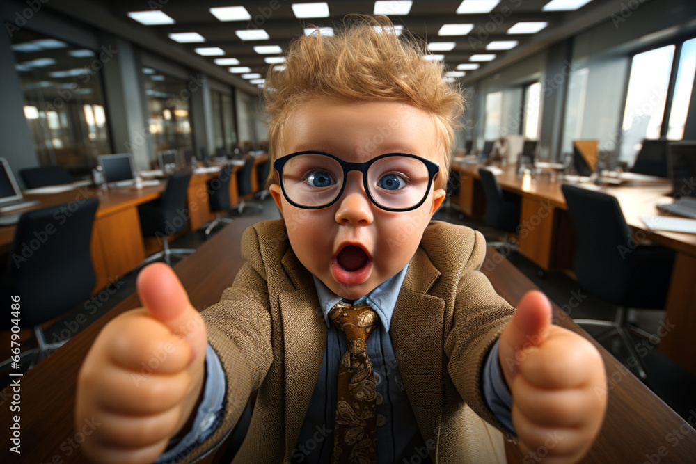 Toddler kid boy dressed as a business man sitting in office chair ...