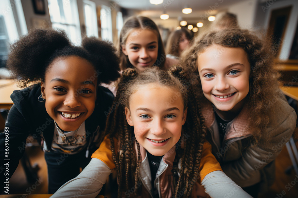 Happy student, pupil friendship concept. Multiracial classmate friends ...